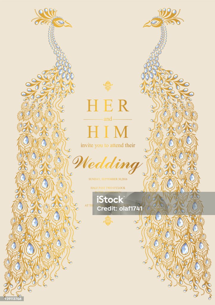 Wedding Invitation Card Templates With Gold Peacock Feathers Patterned