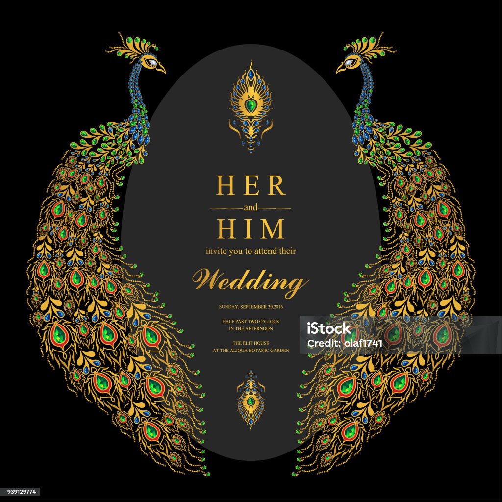 Wedding Invitation Card Templates With Gold Peacock Feathers Patterned