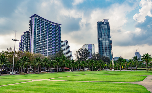 Lapangan Rumput Hijau Jalan Pejalan Kaki Dan Pohon Kelapa Di Taman Kota ... Lapangan Rumput Hijau Jalan Pejalan Kaki Dan Pohon Kelapa Di Taman Kota ...