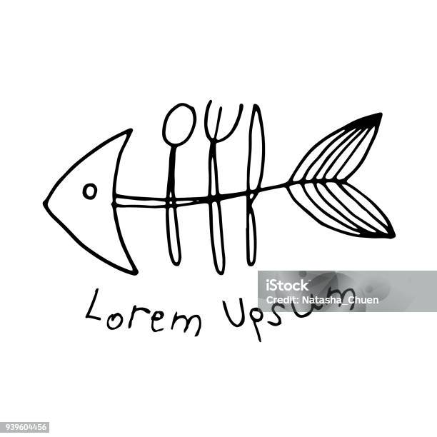 Jenis Kartun Dengan Tulang Ikan Sendok Garpu Dan Pisau Tempatkan Untuk Teks Ilustrasi Stok