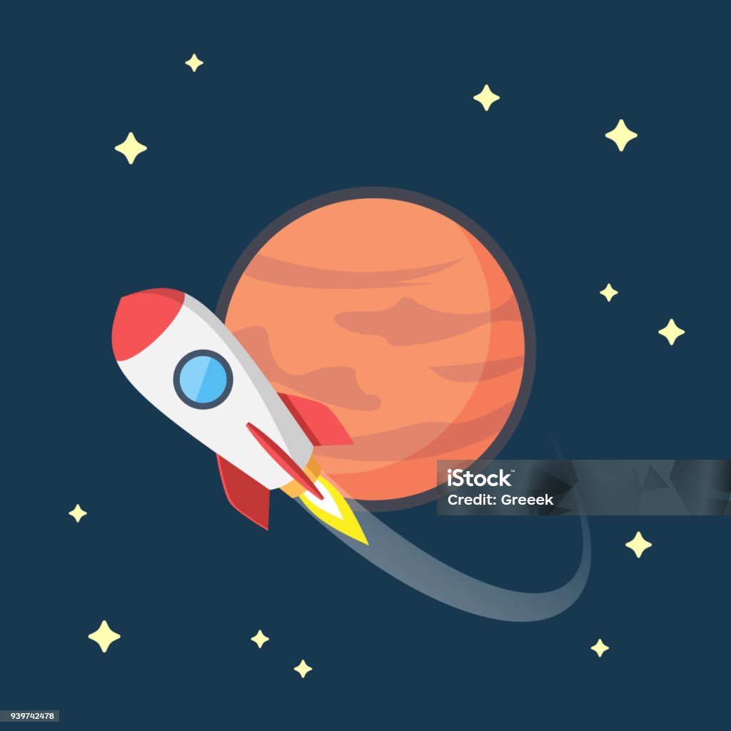 火星の周りの空間を飛んでいるロケットのフラット デザインのベクトル図 イラストレーションのベクターアート素材や画像を多数ご用意
