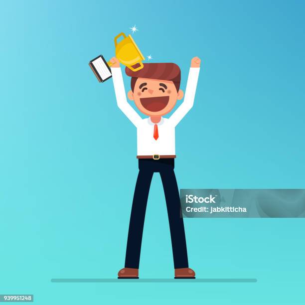 Businessman Holding Winning Trophy Victory Concept Stock Illustration