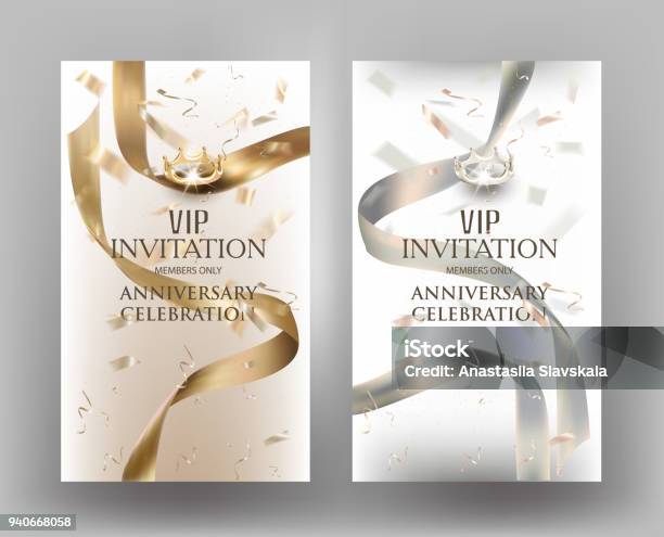 Vip Elegand 초대 카드 색종이 실크 리본 비행 벡터 일러스트 레이 션 고급에 대한 스톡 벡터 아트 및 기타 이미지