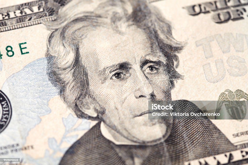 20 American Dollars Banknote President Andrew Jackson Portrait Closeup