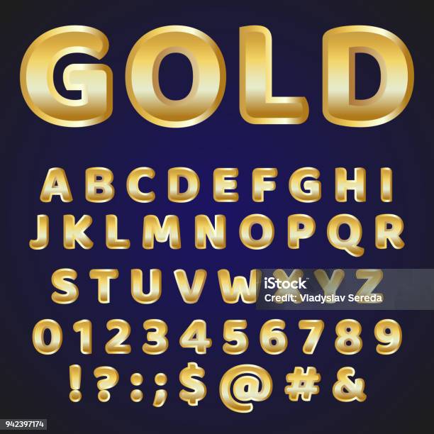 Font Vektor Alfabet Emas Ketik Huruf Angka Dan Tanda Baca Huruf Efek