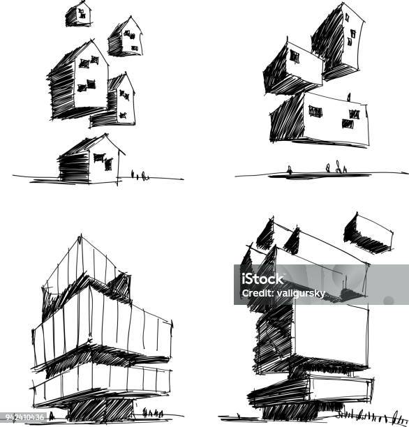 Ilustración De Cuatro Bocetos Arquitectónicos De Una Arquitectura