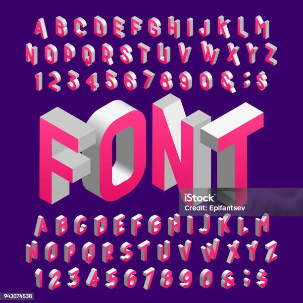 Font Alfabet Isometrik Huruf Efek Tiga Dimensi Dan Angka Ilustrasi Stok