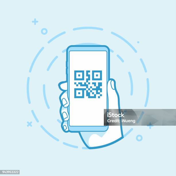 Qr 코드는 스마트폰 화면에 아이콘 손 잡고 스마트폰입니다 Qr코드에 대한 스톡 벡터 아트 및 기타 이미지 Qr코드 바코드