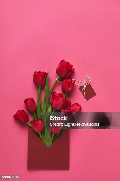 Tampilan Atas Tulip Merah Dalam Amplop Dengan Tag Kosong Pada Konsep ... Tampilan Atas Tulip Merah Dalam Amplop Dengan Tag Kosong Pada Konsep ...