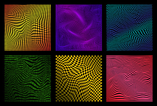 Set Of Abstract Wavy Twisted Distorted Line Dots Squares Grid Binary Code Gradient Colored
