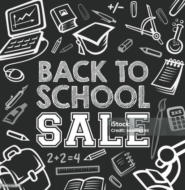 Kembali Ke Poster Penjualan Papan Tulis Vektor Sekolah Ilustrasi Stok