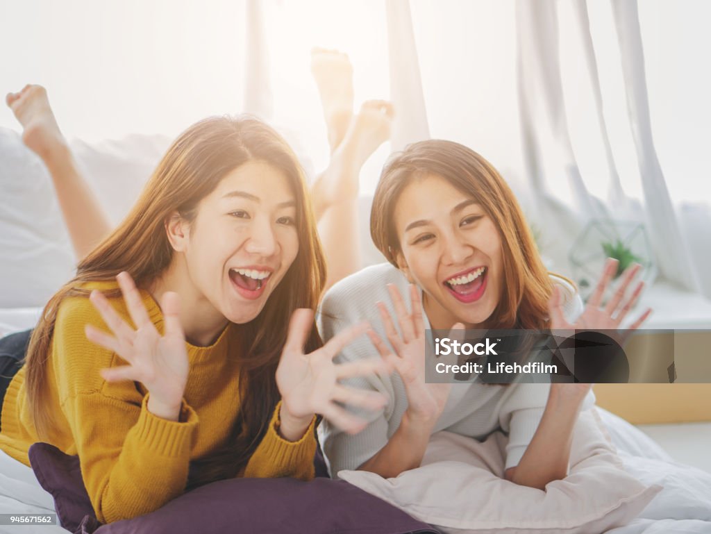Young Asian Woman Lesbian Couple Smiling Happiness Looking At Camera
