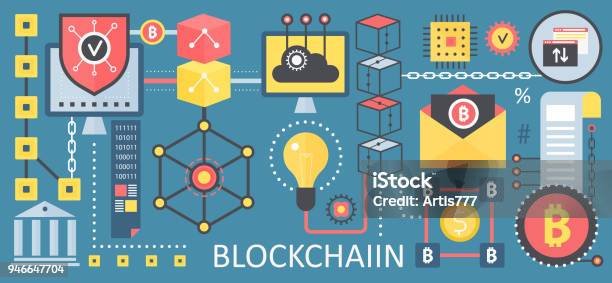 Bitcoin Cryptocurrency 및 Blockchain 네트워크 기술 개념 아이콘입니다 벡터 Blockchain 포스터