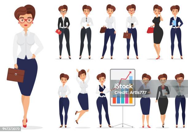 Cantik Kartun Pengusaha Wanita Karakter Berbeda Pose Desain Set Desain