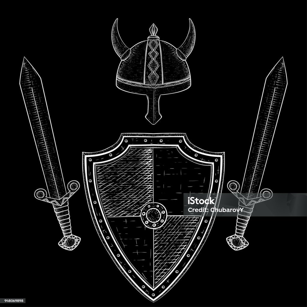 Viking Warrior Set Shield Swords And Horned Helmet Hand Drawn Sketch