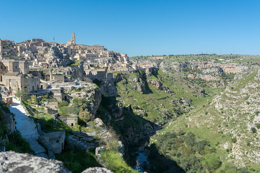 Horizontal View Of The Sassi Of Matera On Blue Sky Background Stock