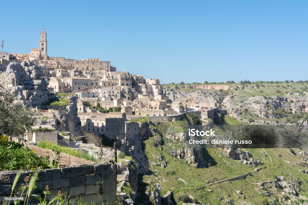 Horizontal View Of The Sassi Of Matera On Blue Sky Background Stock