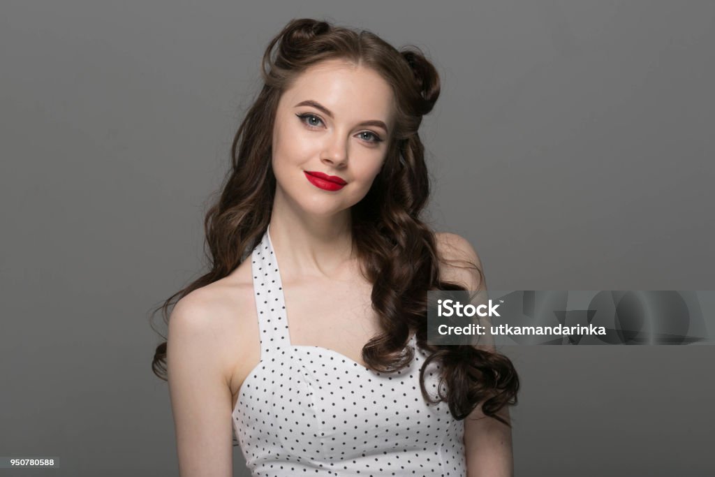 Pin Up Girl Vintage Beautiful Woman Pinup Style Portrait In Retro Dress