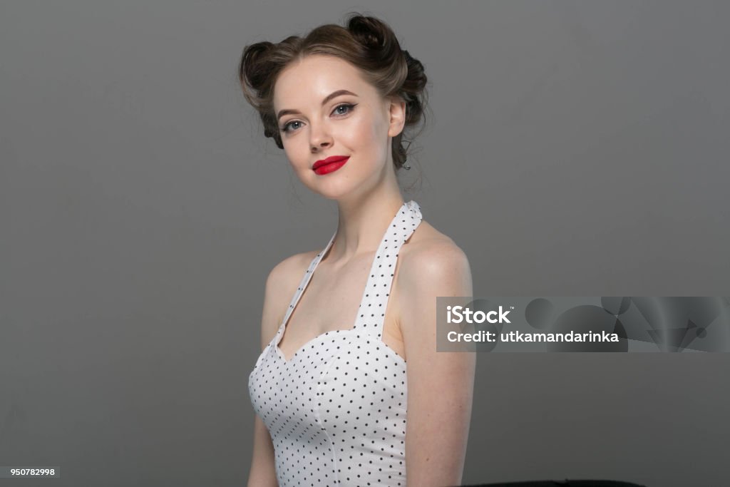 Pin Up Girl Vintage Beautiful Woman Pinup Style Portrait In Retro Dress