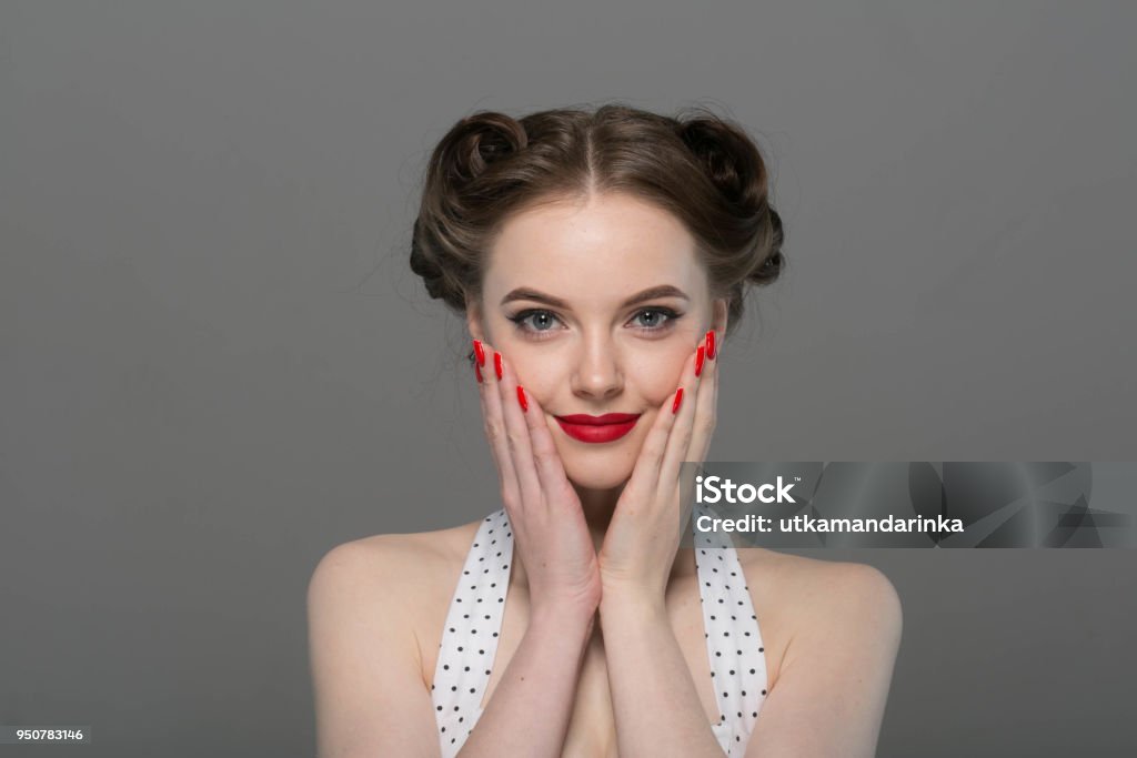 Pin Up Girl Vintage Beautiful Woman Pinup Style Portrait In Retro Dress