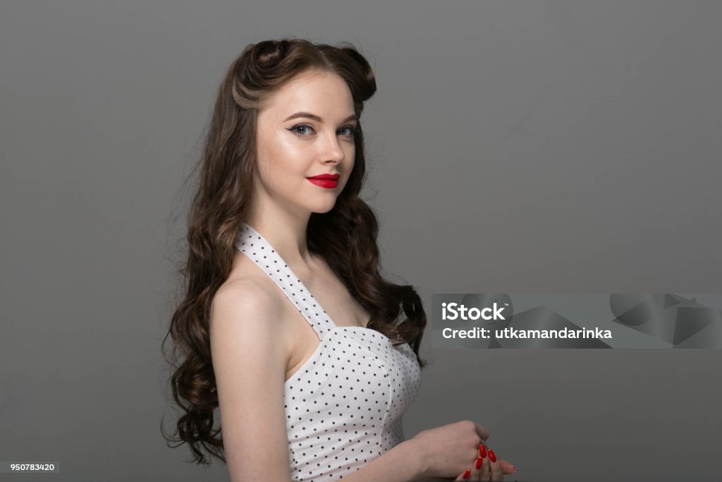 Pin Up Girl Vintage Beautiful Woman Pinup Style Portrait In Retro Dress