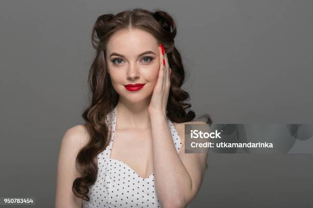 Pin Up Girl Vintage Beautiful Woman Pinup Style Portrait In Retro Dress