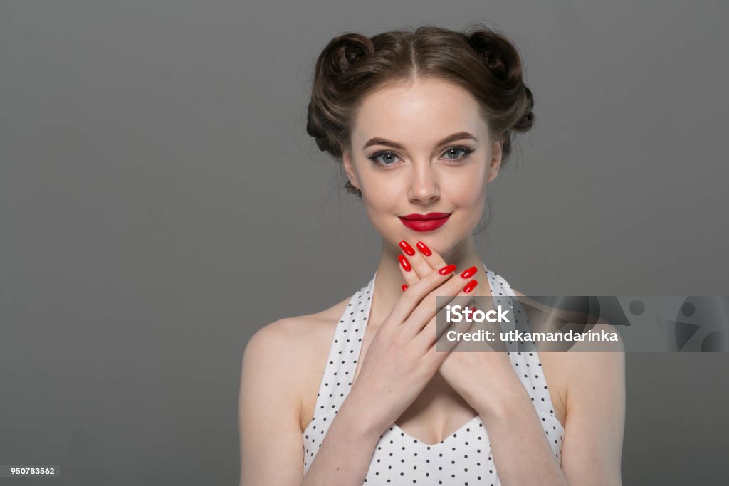 Pin Up Girl Vintage Beautiful Woman Pinup Style Portrait In Retro Dress