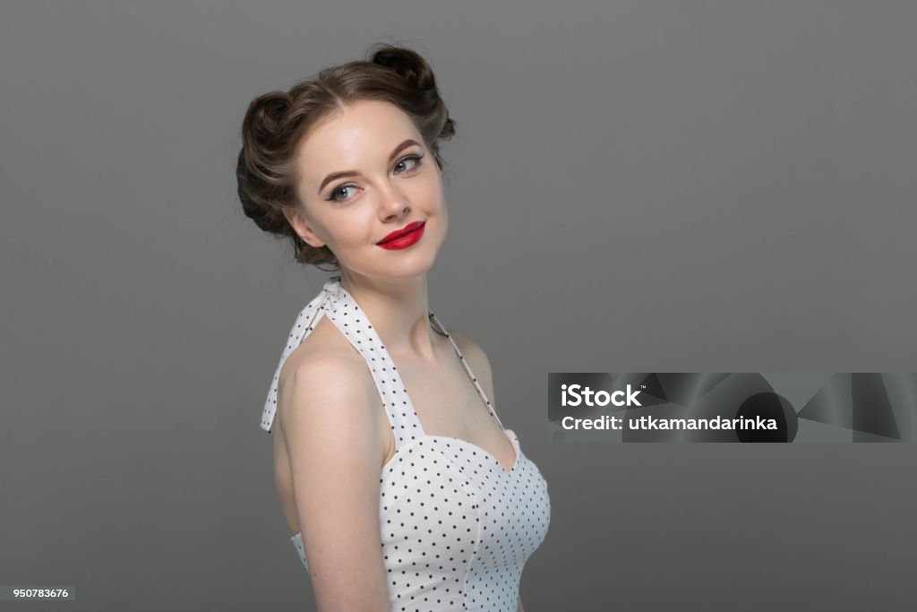 Pin Up Girl Vintage Beautiful Woman Pinup Style Portrait In Retro Dress