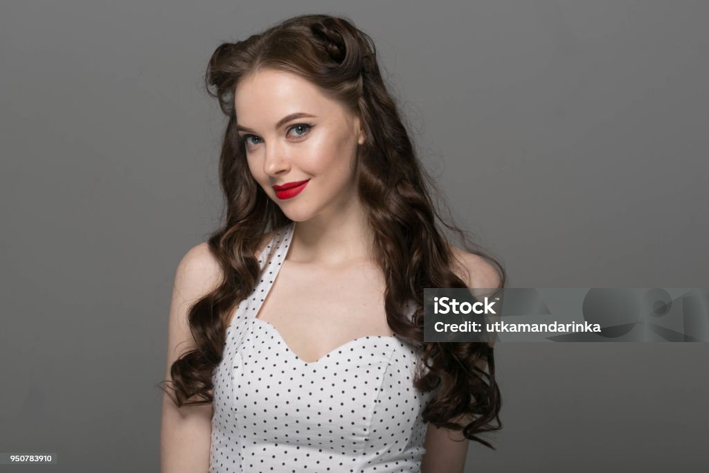 Pin Up Girl Vintage Beautiful Woman Pinup Style Portrait In Retro Dress