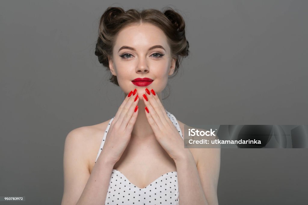 Pin Up Girl Vintage Beautiful Woman Pinup Style Portrait In Retro Dress