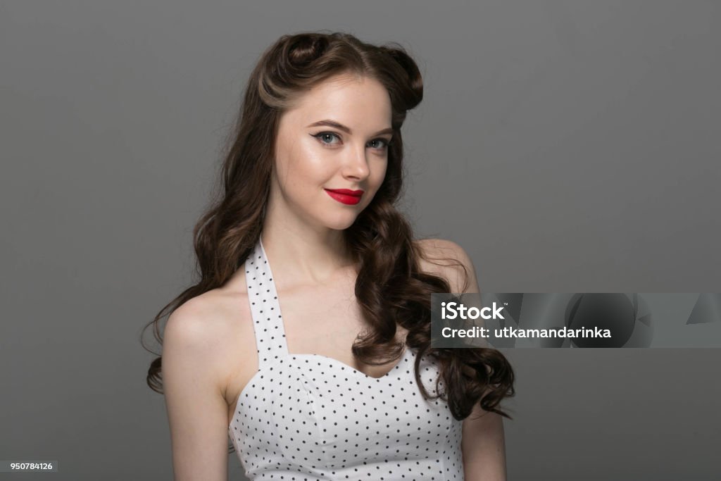 Pin Up Girl Vintage Beautiful Woman Pinup Style Portrait In Retro Dress