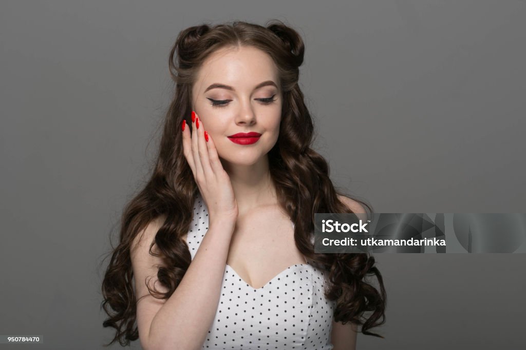Pin Up Girl Vintage Beautiful Woman Pinup Style Portrait In Retro Dress