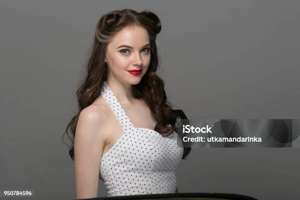 Pin Up Girl Vintage Beautiful Woman Pinup Style Portrait In Retro Dress