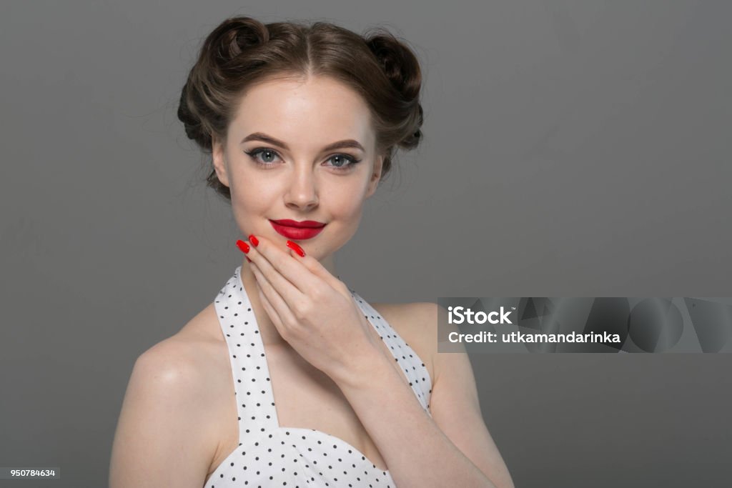 Pin Up Girl Vintage Beautiful Woman Pinup Style Portrait In Retro Dress And Makeup Manicure