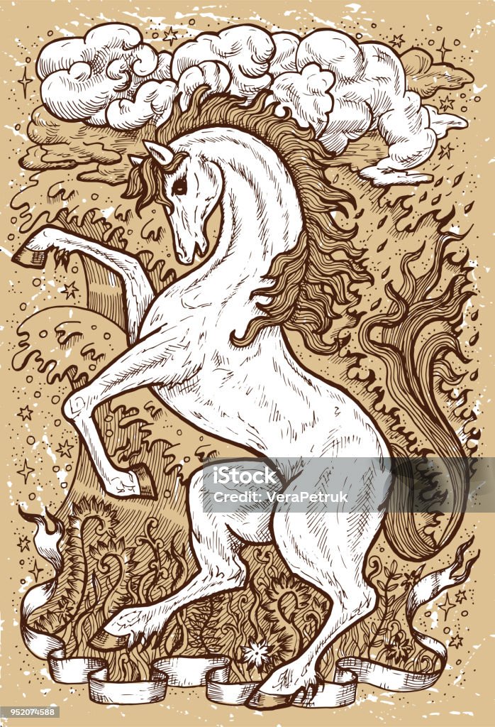 Ilustración de Símbolo De Caballo Con Cuatro Elementos De La Naturaleza ... Ilustración de Símbolo De Caballo Con Cuatro Elementos De La Naturaleza ...