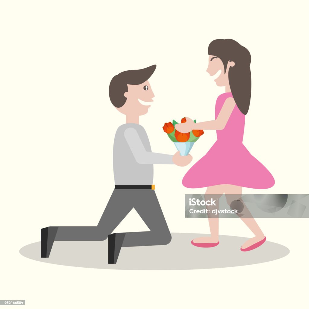 Man Kneel Gives Flowers Girl Stock Illustration Download Image Now