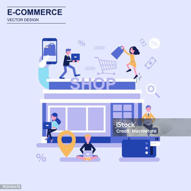 Ecommerce Dan Belanja Desain Datar Konsep Gaya Biru Dengan Karakter
