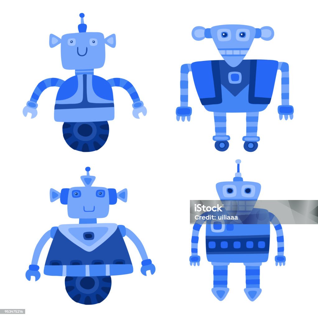 Ensemble De Différents Robots Mignons Bleus Illustration Vectorielle
