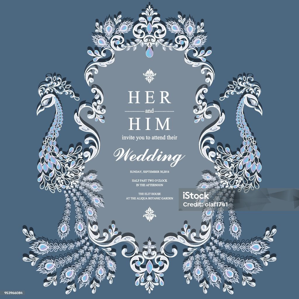 Wedding Invitation Card Templates With Gold Peacock Feathers Patterned