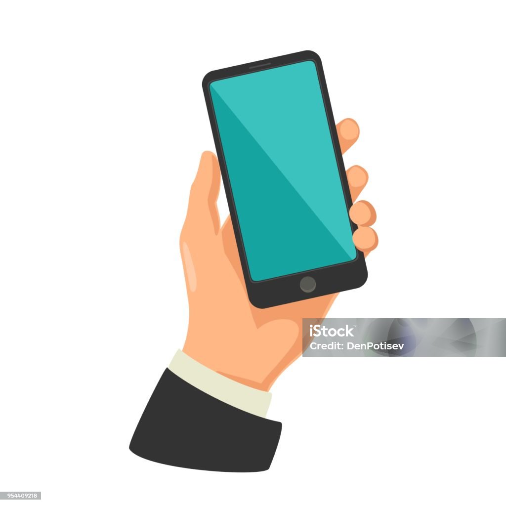 Male Hand Holding Black Smart Phone Touching Blank Screen Flat Design
