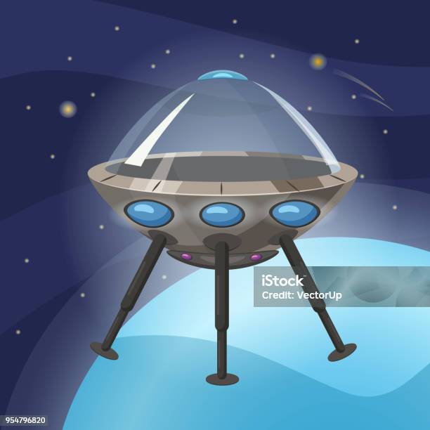 Ufo 우주선 만화 스타일 배경 공간 행성 절연 벡터 삽화 과학에 대한 스톡 벡터 아트 및 기타 이미지 과학 교통수단