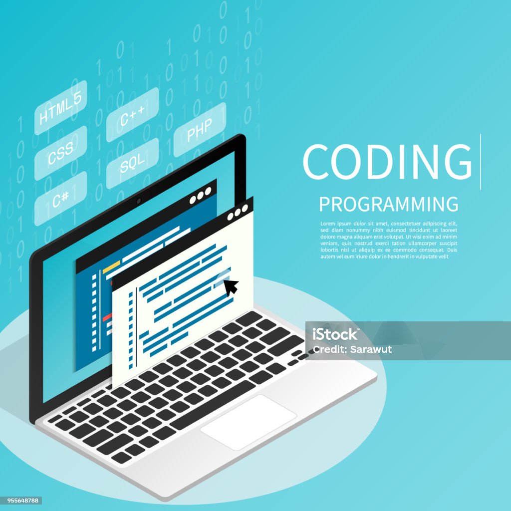Programmer Coding Binary Computer Isometric Flat Vector Stock