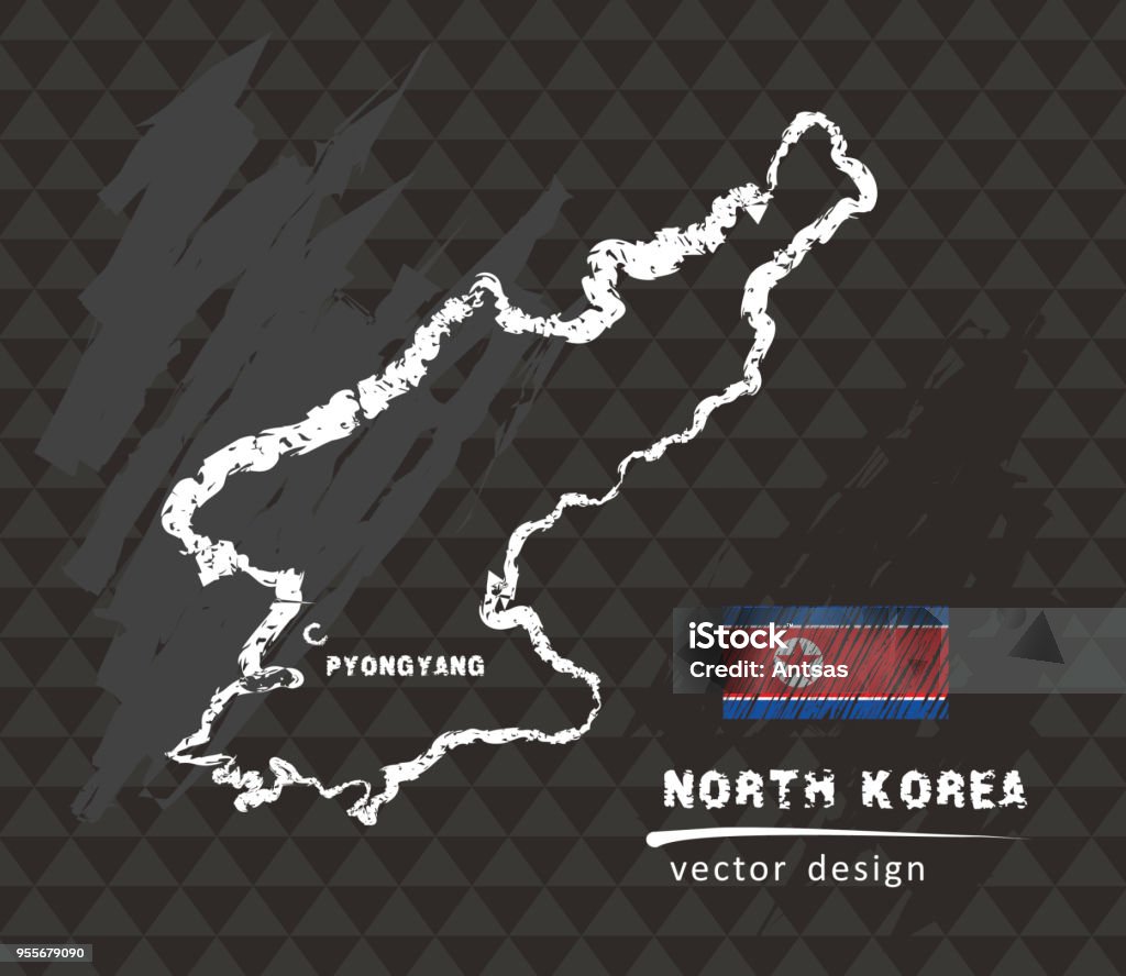 North Korea Map Vector Pen Drawing On Black Background Stock
