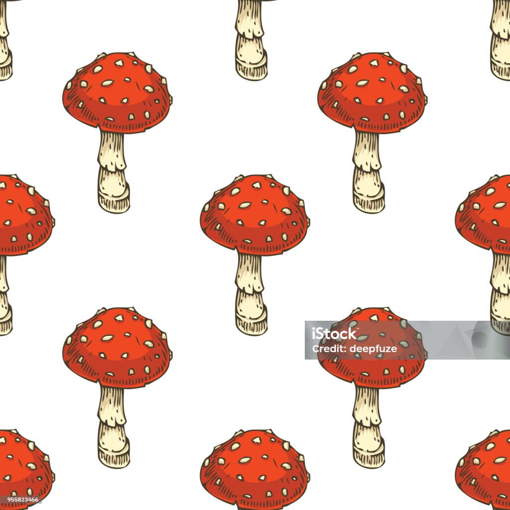 Seamless Pattern Red Amanita Fly Agaric Mushroom Stock Illustration