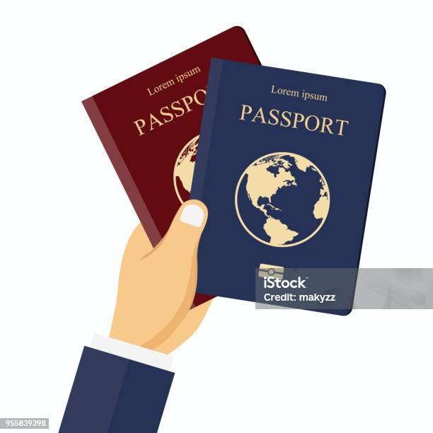 Red And Blue Passports In Hand Concept For Travel Holiday Vacation Flat