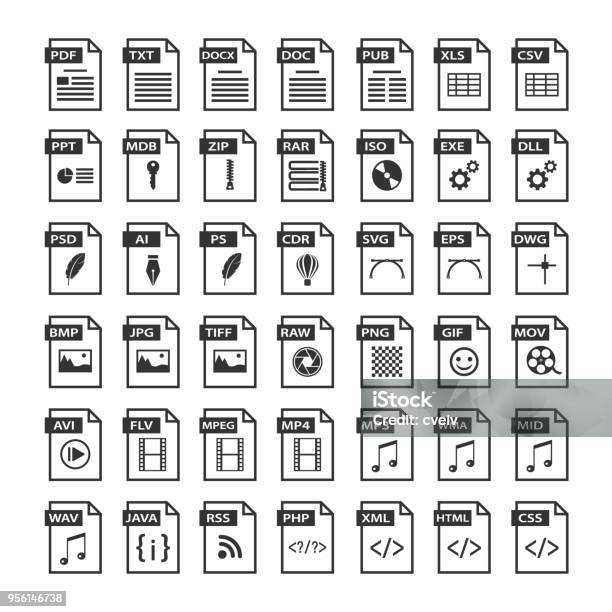 Ikon Tipe File Ikon Format File Diatur Dalam Hitam Dan Putih Tombol
