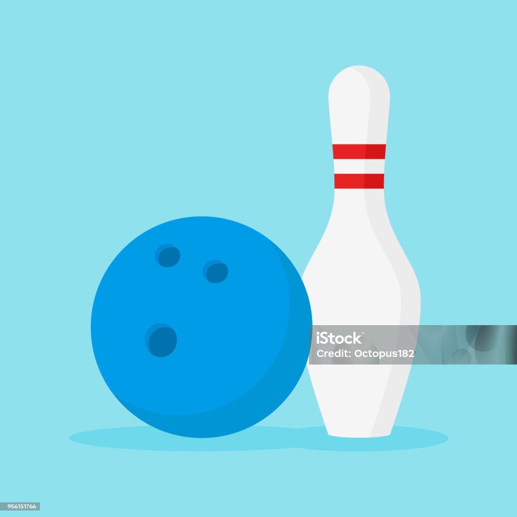 Bowling Ball And Pin Isolated On Blue Background Stock Illustration