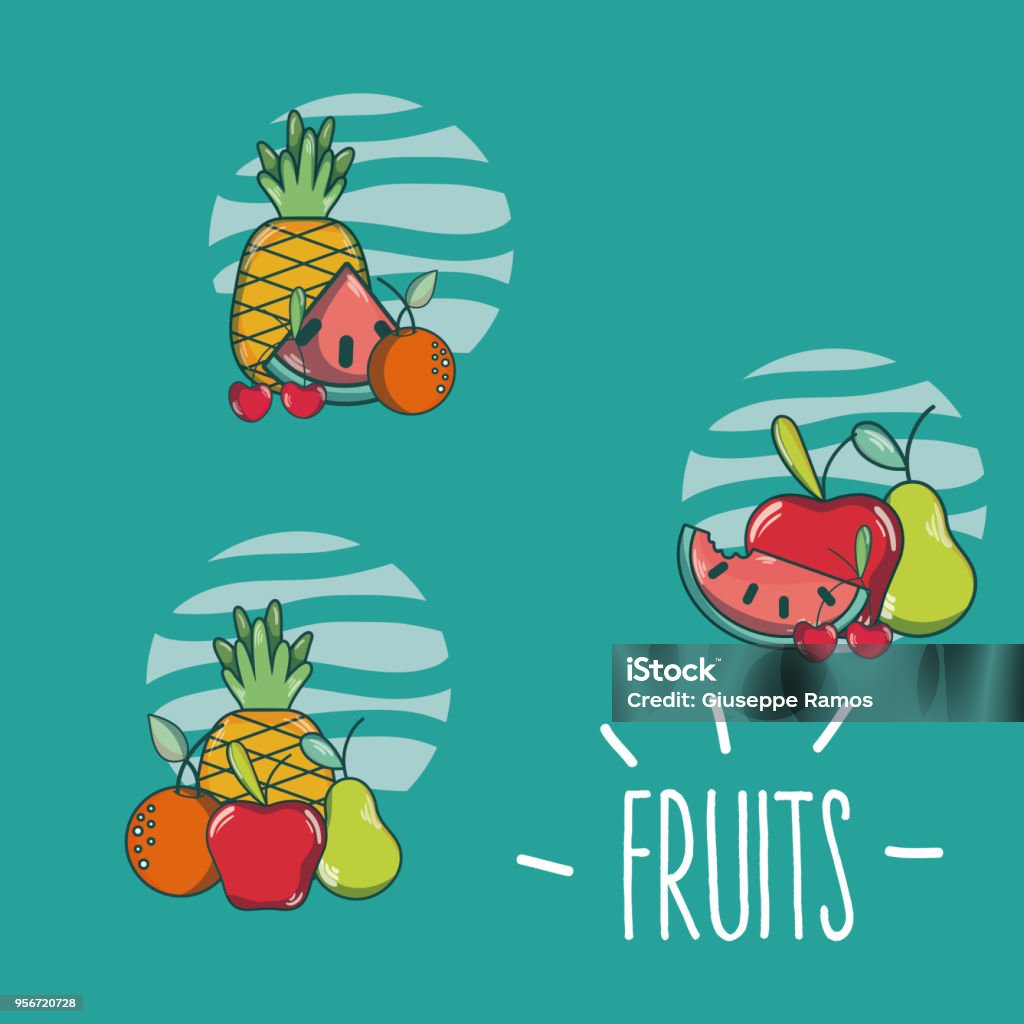 Ilustración De Conjunto De Dibujos Animados De Frutas Y Más Vectores