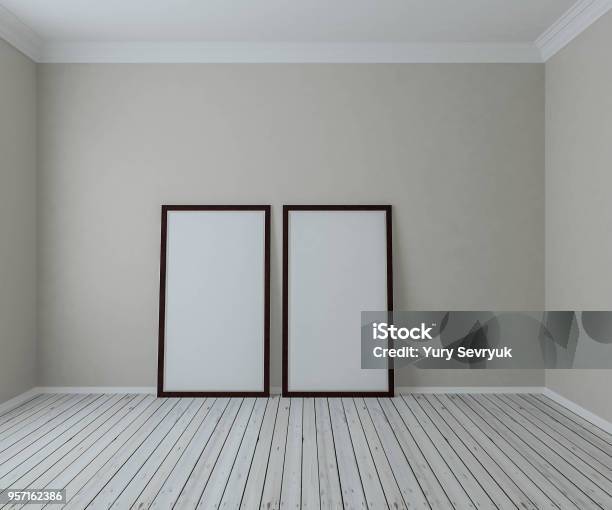 Dua Bingkai Kayu Kosong Di Dinding Kosong Untuk Mockup Ilustrasi 3d