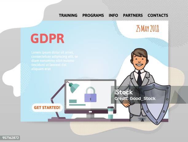 Gdpr 날짜입니다 일반 데이터 보호 규칙입니다 컴퓨터 앞에서 방패 남자입니다 웹사이트 포스터 인쇄 매체의 디자인 템플릿 벡터